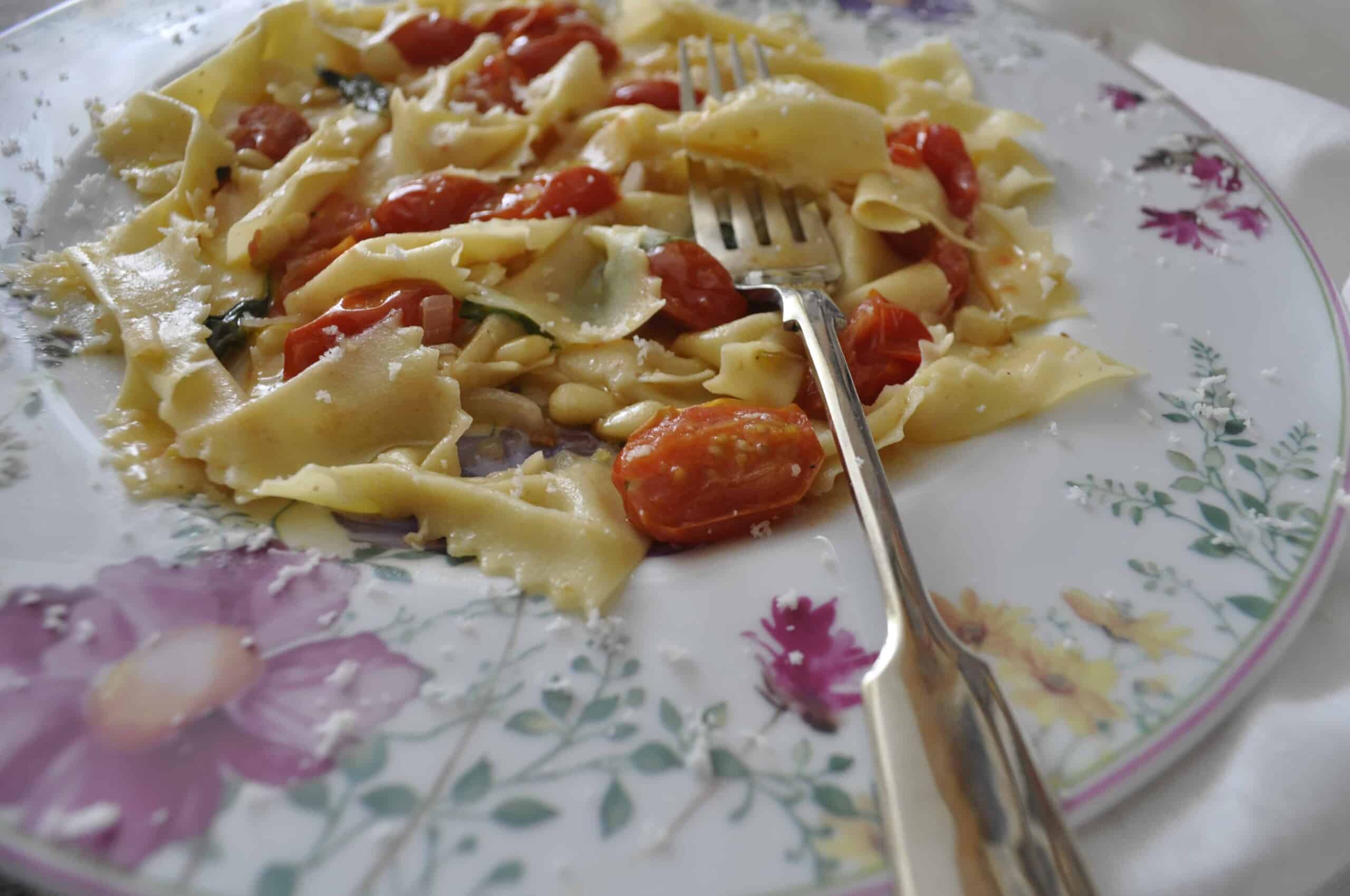 Fava bean flour farfalle with pan-fried tomatoes & pine-nuts. - Carmela ...